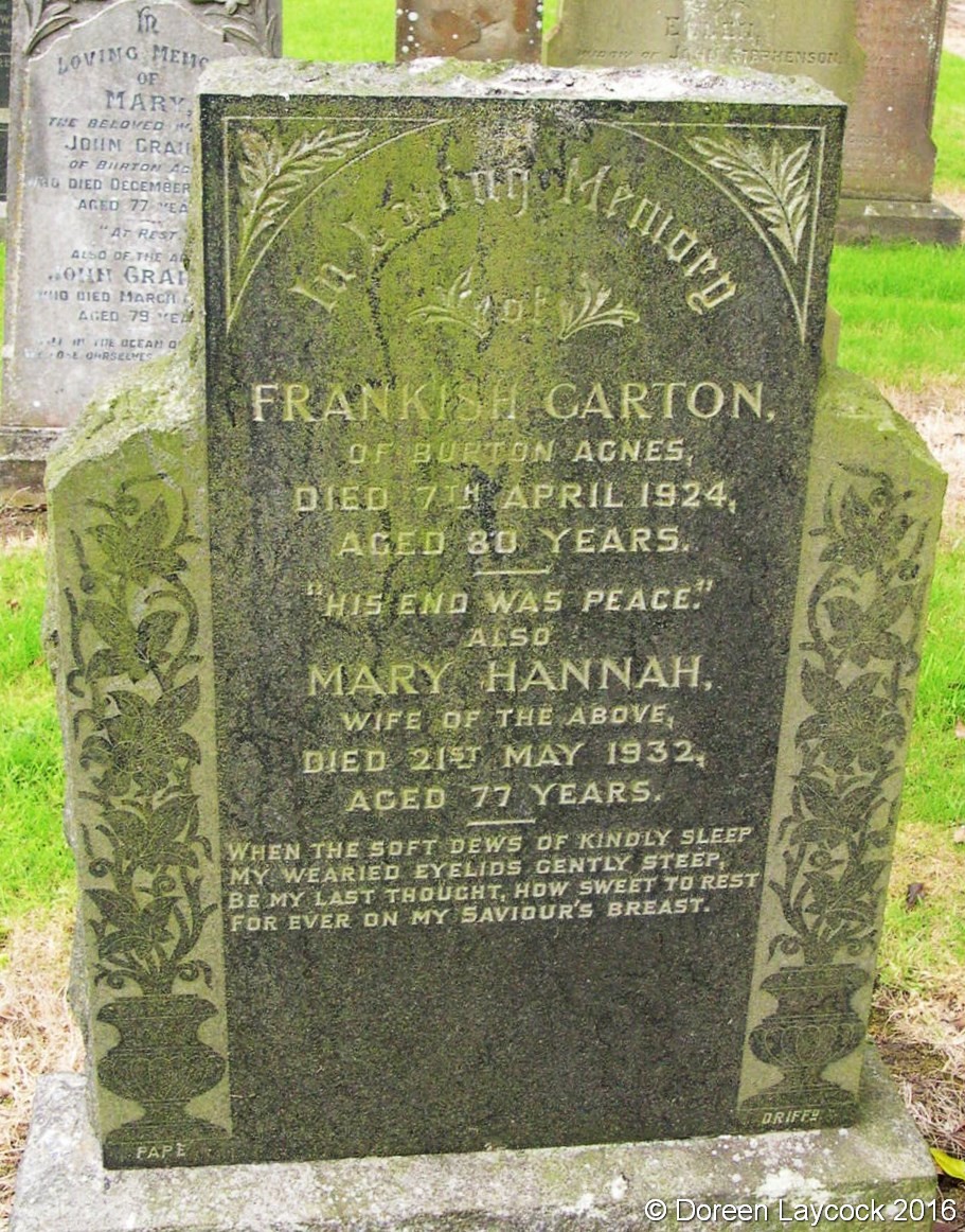 GENUKI: Burton Agnes Cemetery gravestones etc., Yorkshire (East Riding)