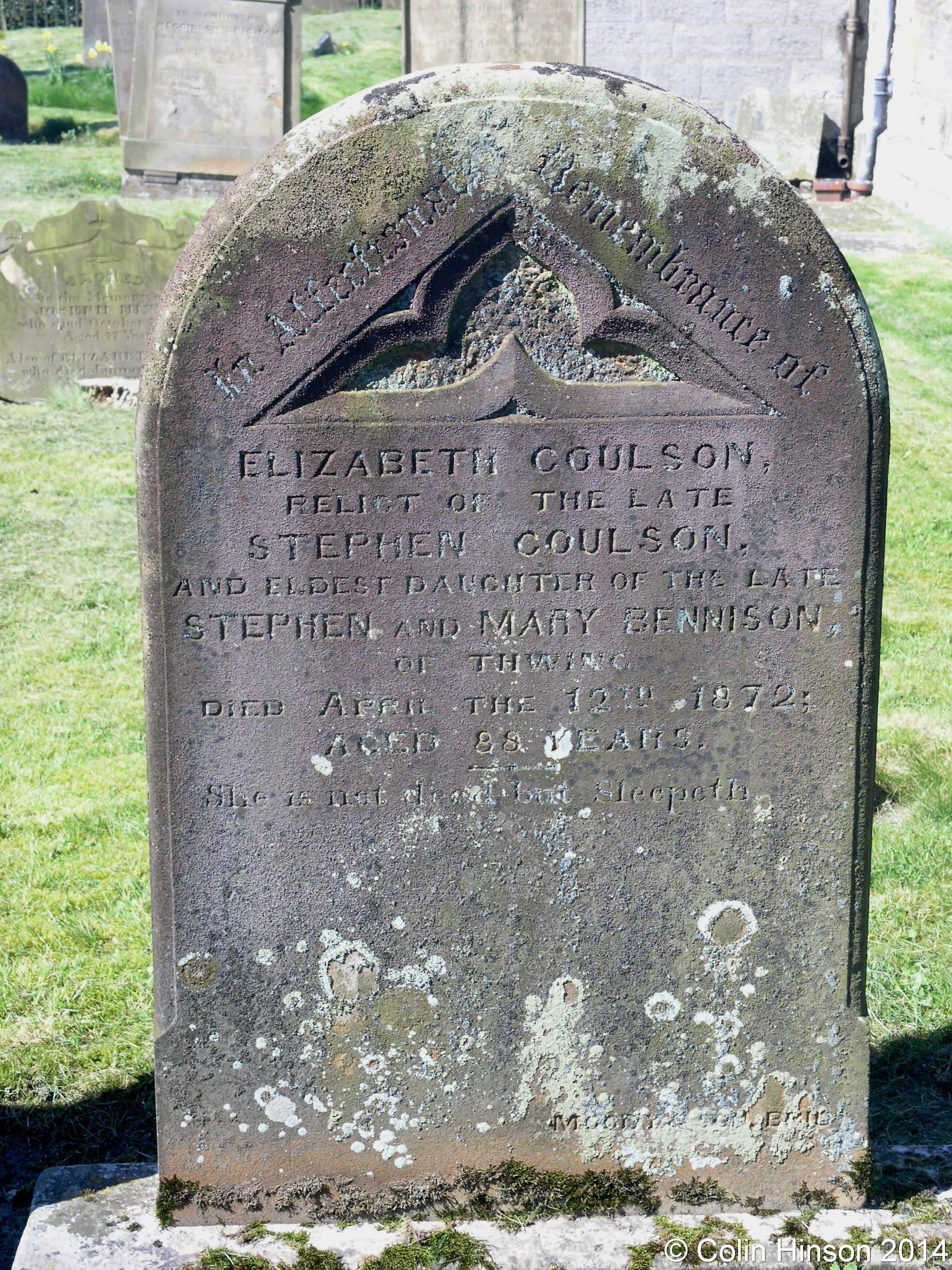GENUKI: Thwing Churchyard gravestones etc., Yorkshire (East Riding)
